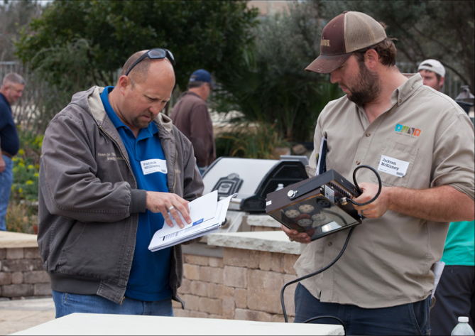 A group of people looking at parts and documentation
